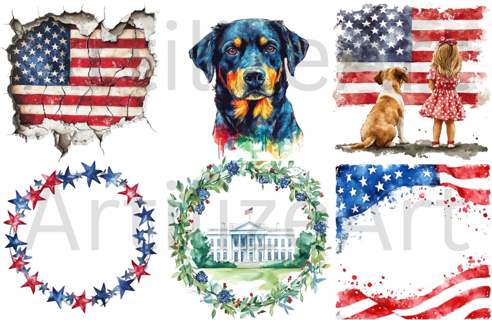 Watercolor Patriotic Clipart Bundle - America Watercolor PNG Format ...