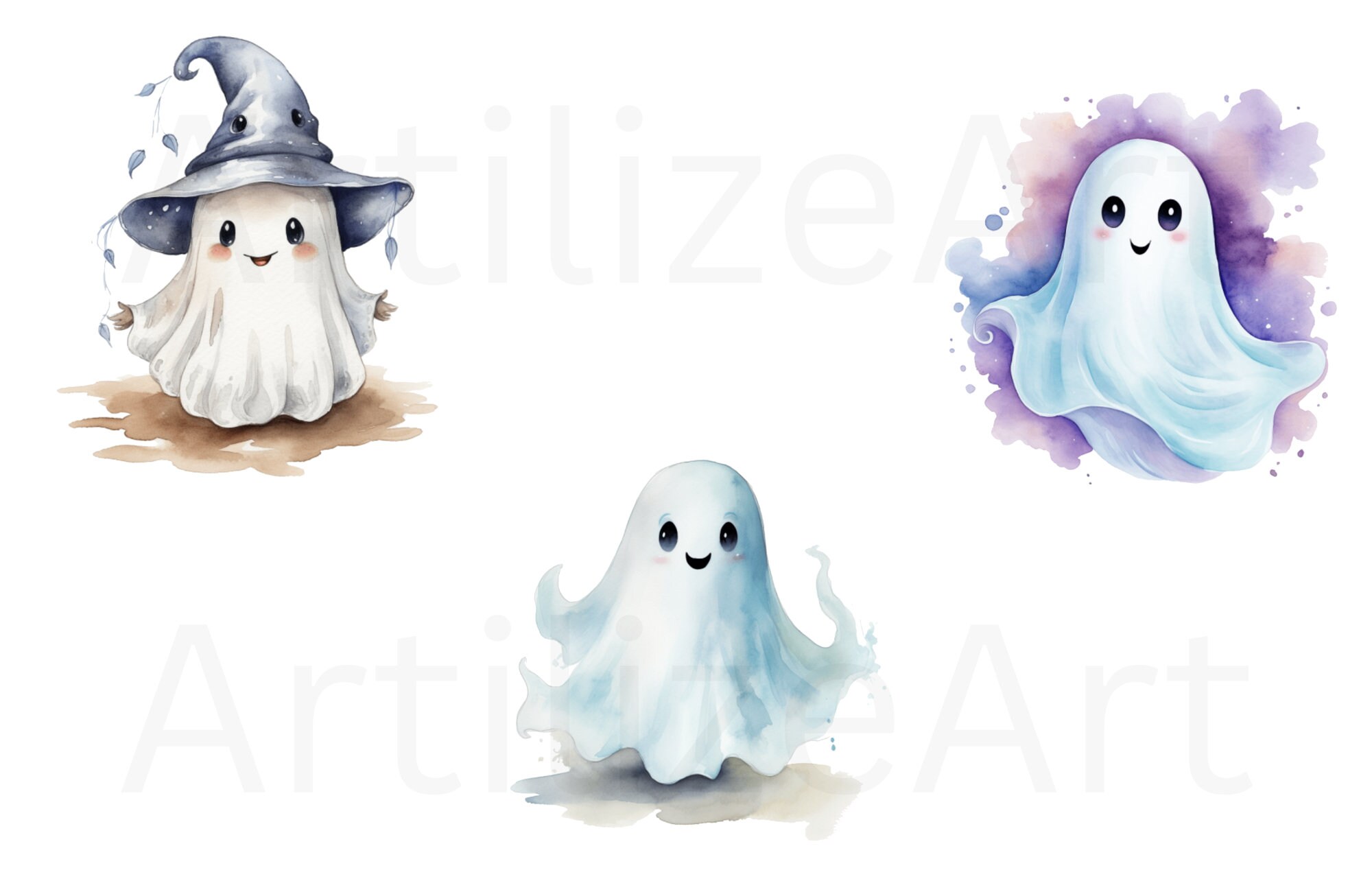 Cute Ghost Clipart, Watercolor Halloween Png, Halloween Clipart Bundle ...