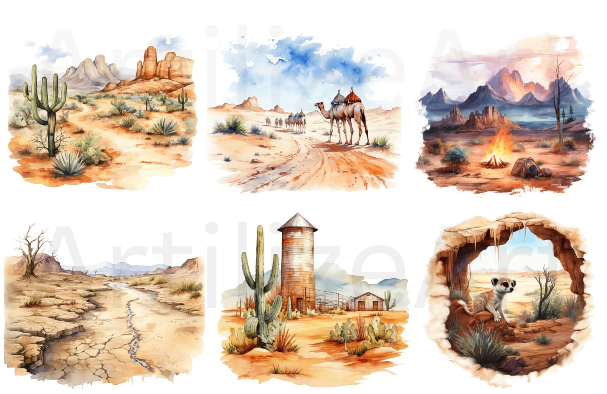 Watercolor Desert Landscapes Clipart - Watercolor PNG Format Instant ...