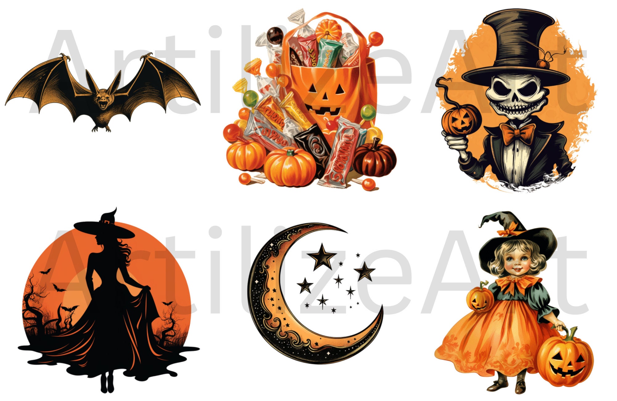 Halloween Vintage Clipart Bundle - Retro Halloween Png Bundle - Junk ...