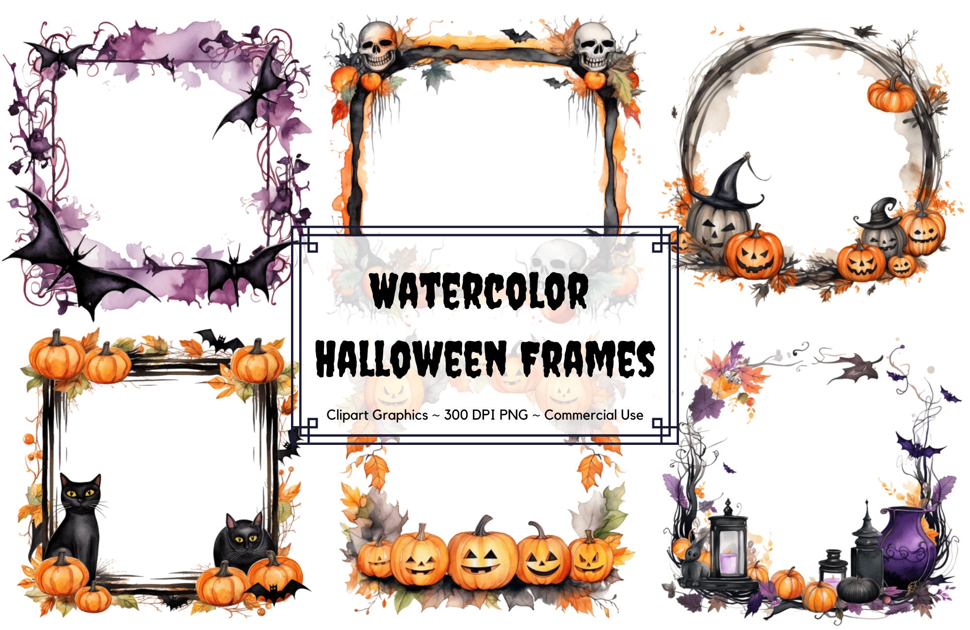 Watercolor Halloween Frames Clipart - Halloween Watercolor PNG Format ...