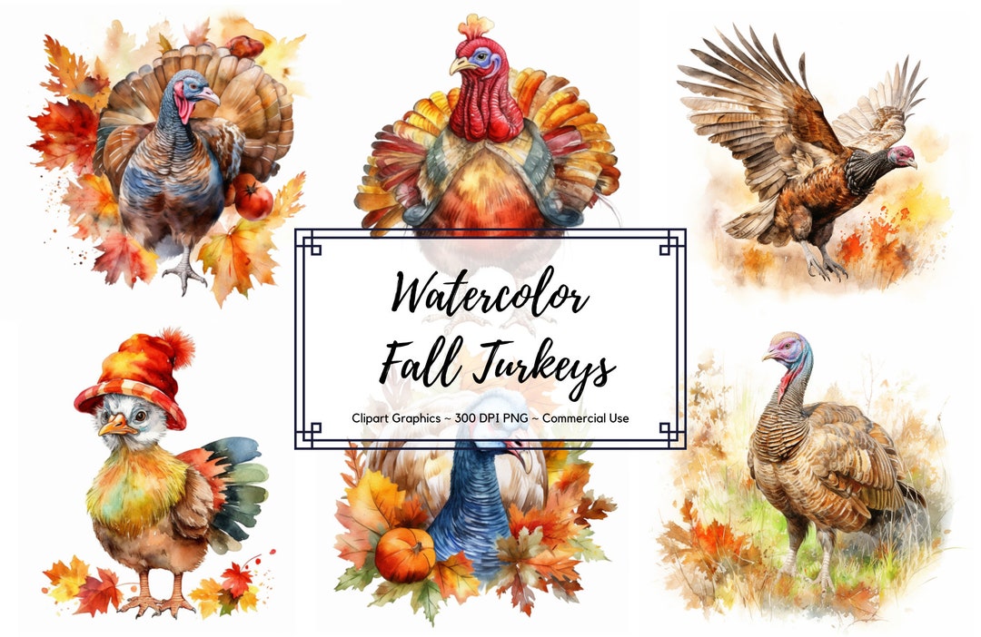 Watercolor Fall Turkeys Clipart - Autumn Watercolor PNG Format Instant ...