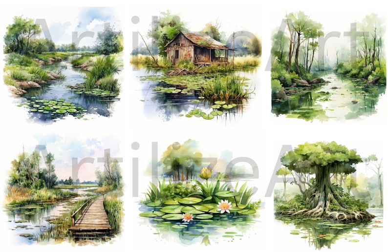 Watercolor Swamp Landscapes Clipart - 50 Images - Watercolor PNG Format ...