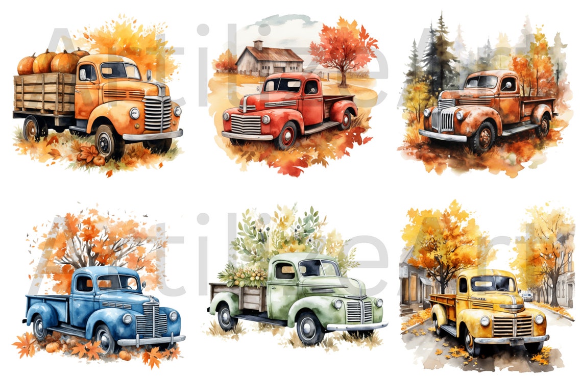 Watercolor Fall Trucks Clipart Vintage Trucks Autumn Clipart PNG Format ...