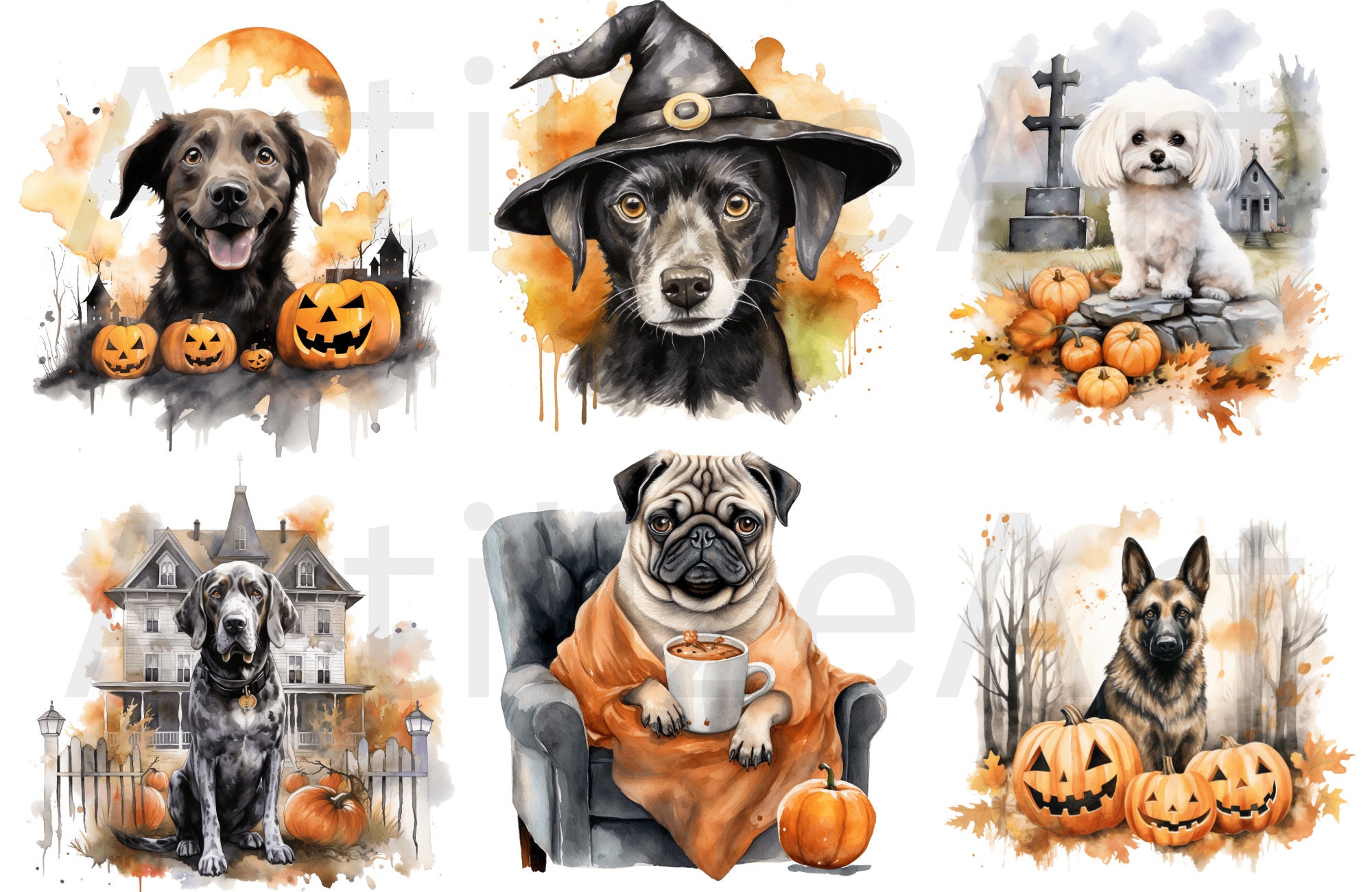 Watercolor Halloween Dogs Clipart Bundle Dog Halloween Png Bundle Junk ...