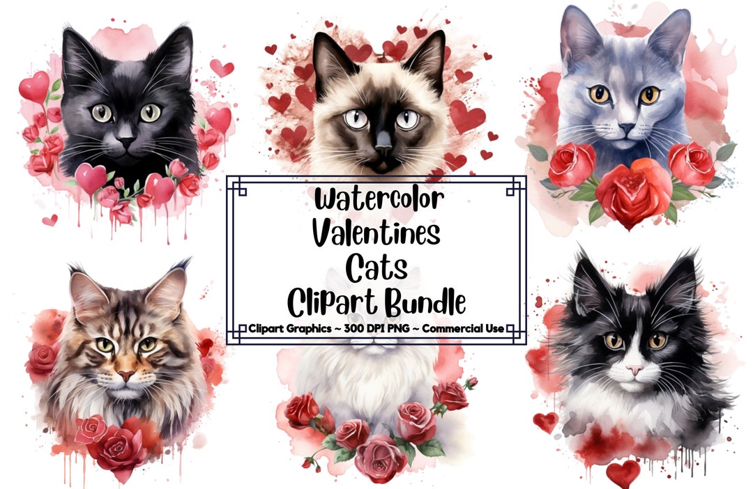 Watercolor Valentines Day Cats Clipart Bundle - Valentines Png ...