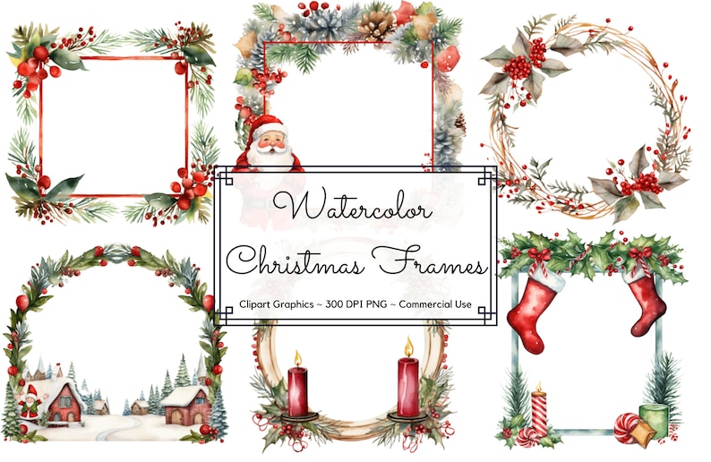 25 Watercolor Christmas Frames Clipart Bundle - Christmas Watercolor ...