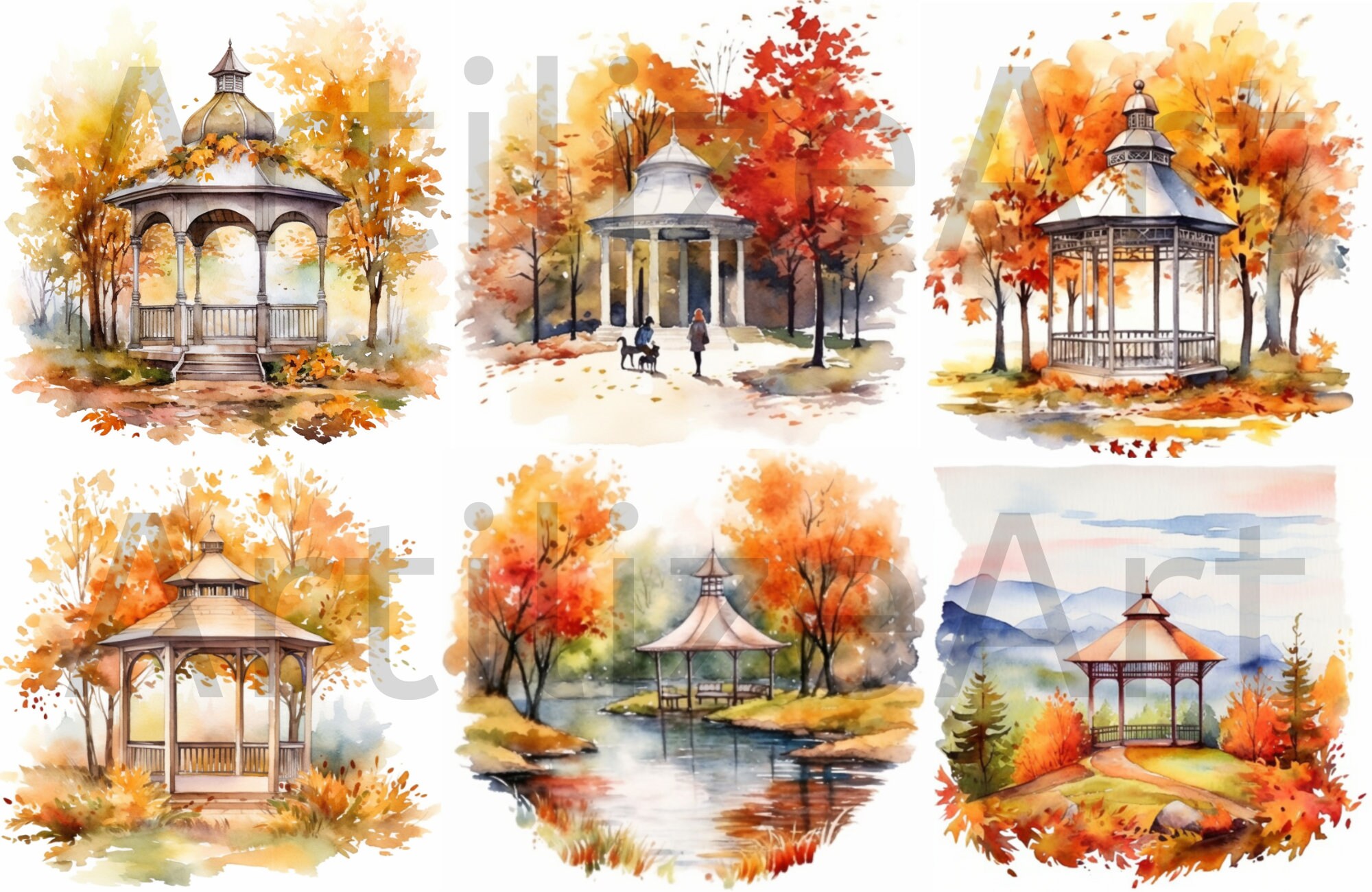 Watercolor Fall Gazebos Clipart - Autumn Png - Instant Download ...