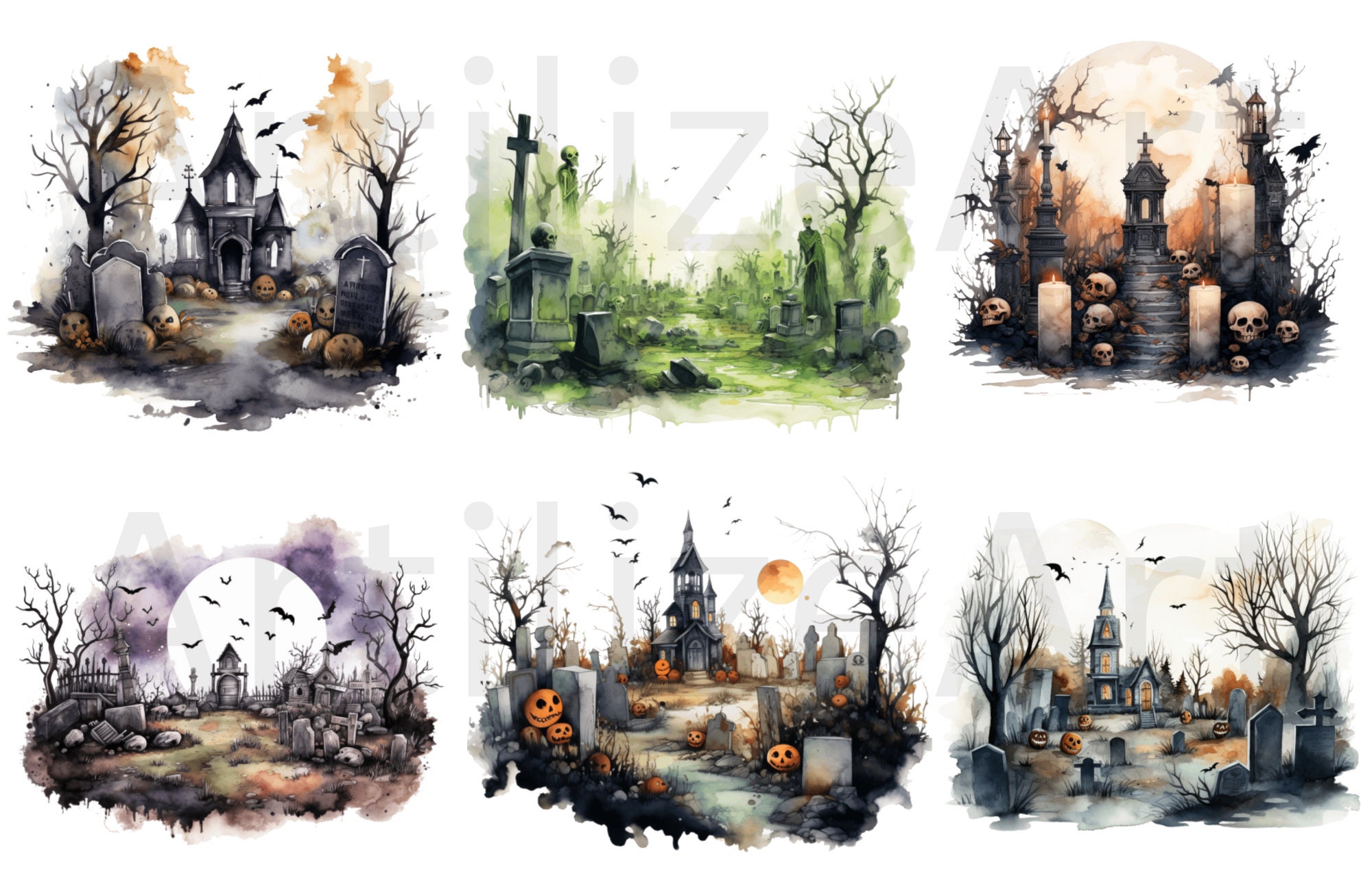 Watercolor Halloween Graveyard Clipart Bundle Png Halloween Junk ...