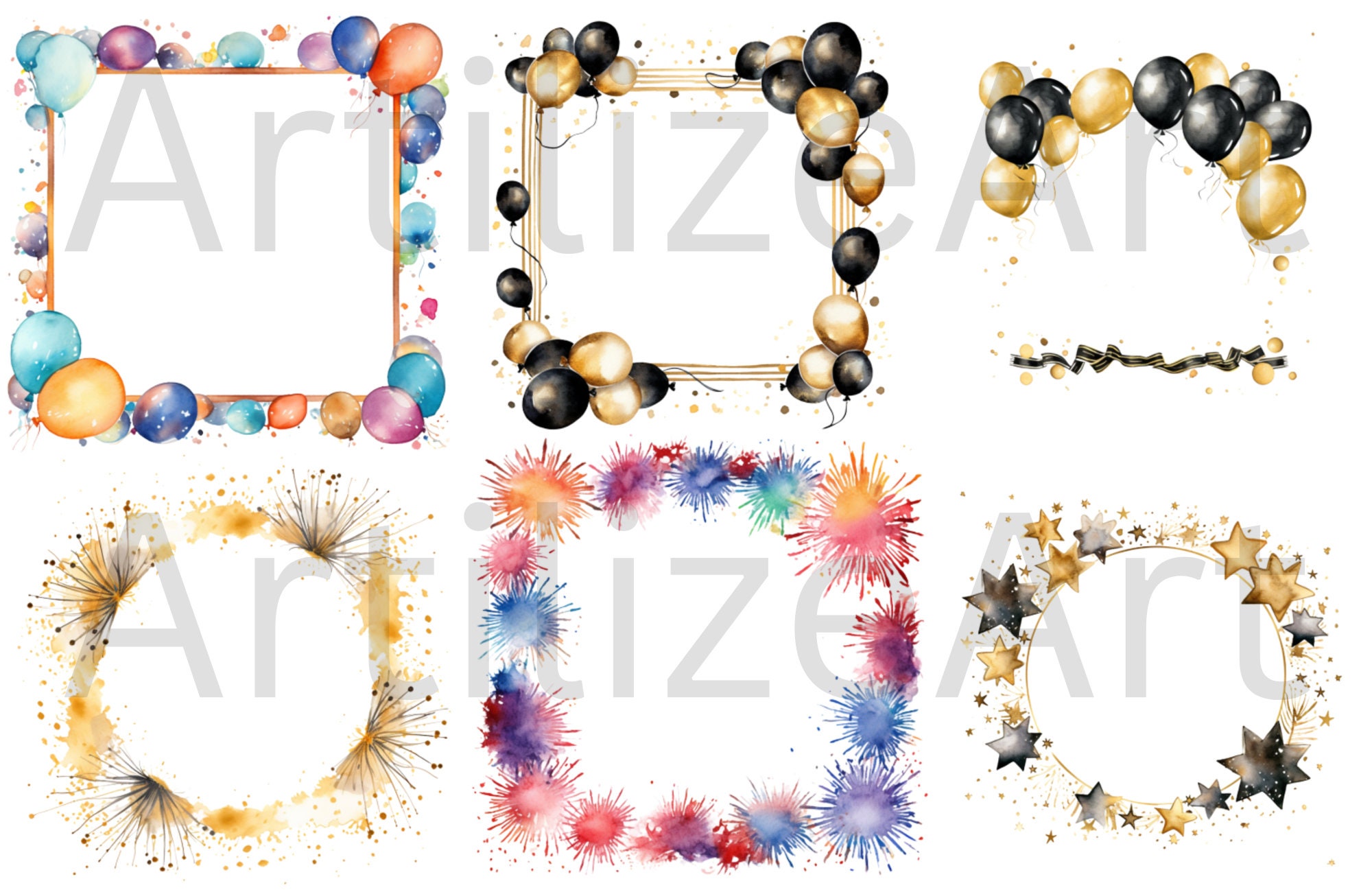 25 Watercolor New Years Frames Clipart Bundle - New Years Watercolor ...