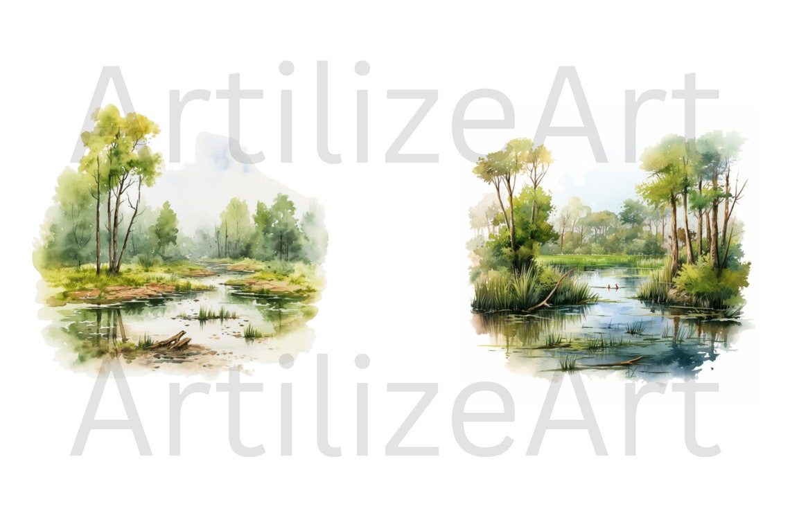 Watercolor Swamp Landscapes Clipart - 50 Images - Watercolor PNG Format ...