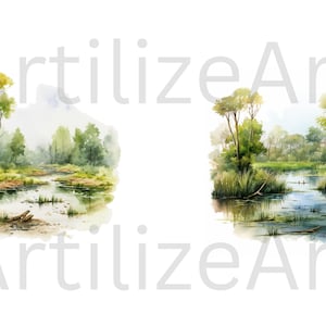 Watercolor Swamp Landscapes Clipart - 50 Images - Watercolor PNG Format ...