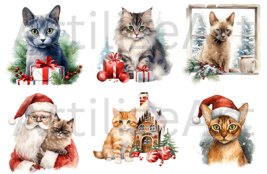 Christmas Cats Clipart Bundle Cat Christmas Transparent Background ...