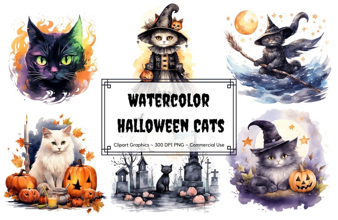 Watercolor Halloween Cats Clipart - Cat Clipart Bundle - Junk Journal ...