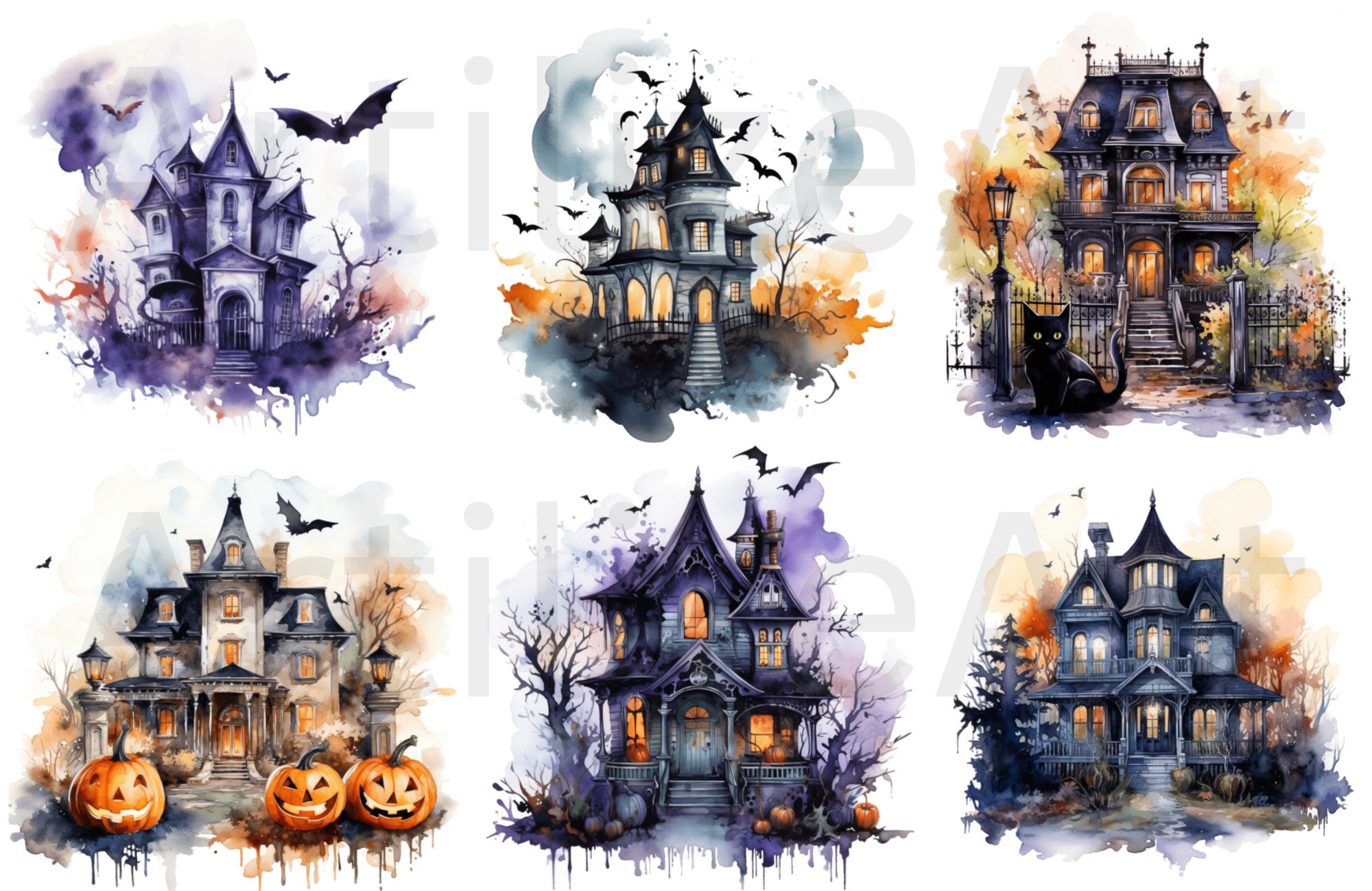 Watercolor Halloween Mansions Clipart Bundle - Halloween Watercolor PNG ...
