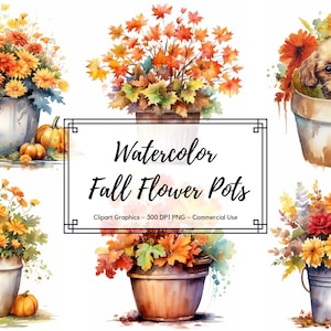Watercolor Fall Flower Pots Clipart - Autumn Png - Instant Download ...