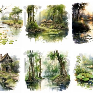 Watercolor Swamp Landscapes Clipart - 50 Images - Watercolor PNG Format ...