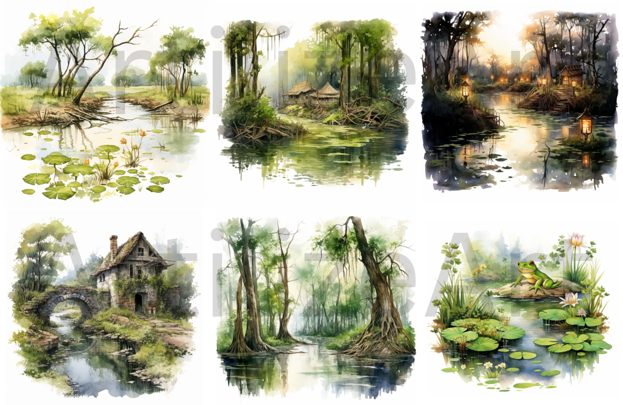 Watercolor Swamp Landscapes Clipart - 50 Images - Watercolor PNG Format ...