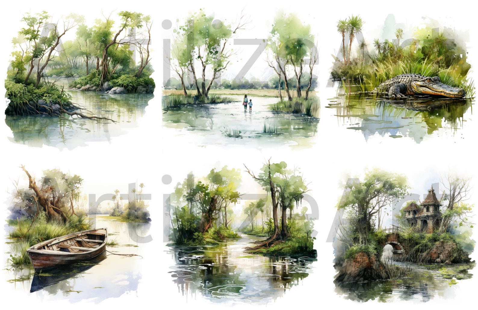 Watercolor Swamp Landscapes Clipart - 50 Images - Watercolor PNG Format ...
