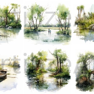 Watercolor Swamp Landscapes Clipart - 50 Images - Watercolor PNG Format ...