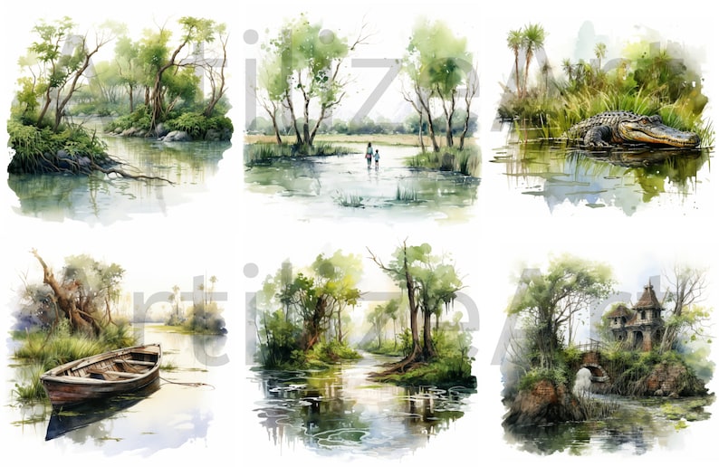 Watercolor Swamp Landscapes Clipart - 50 Images - Watercolor PNG Format ...