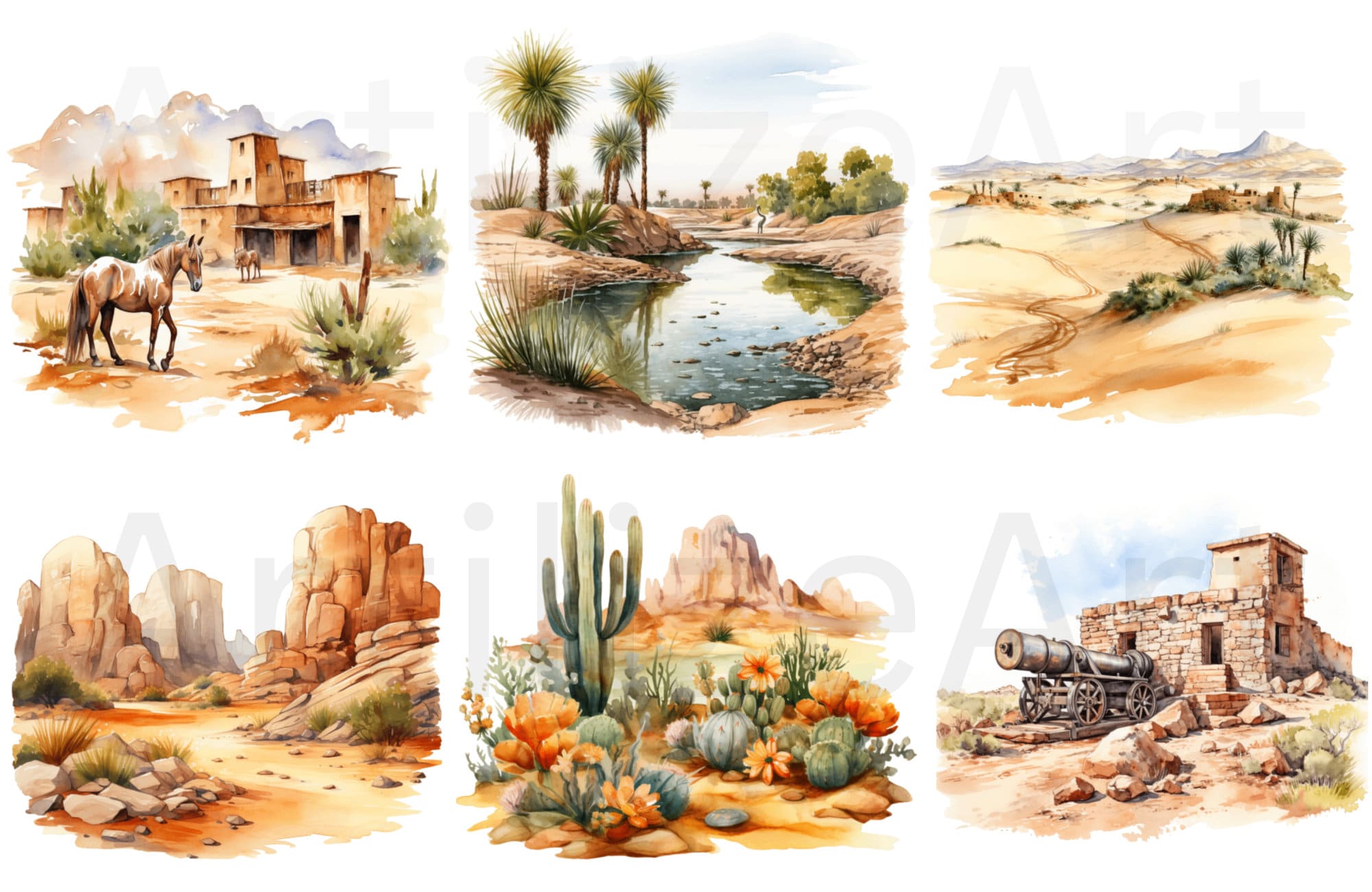 Watercolor Desert Landscapes Clipart - Watercolor PNG Format Instant ...