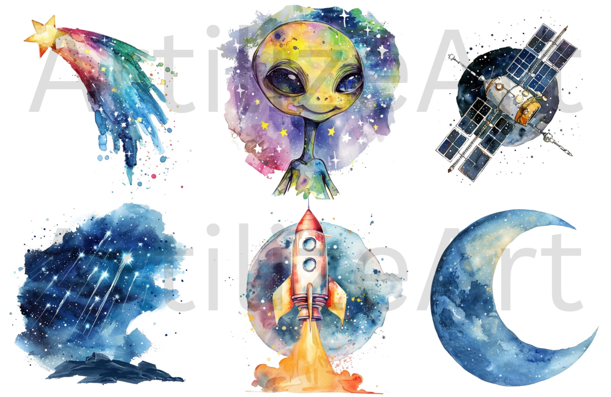 Watercolor Space Clipart Bundle Space Transparent Pngs Junk Journal ...