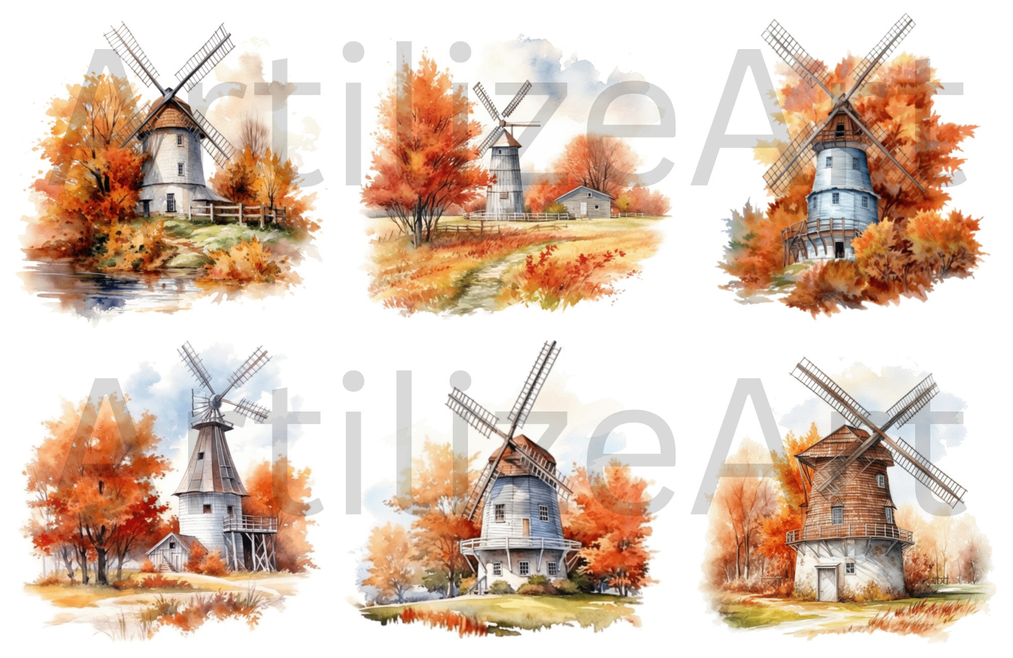 Watercolor Fall Windmills Clipart Autumn Png Bundle Instant Download ...
