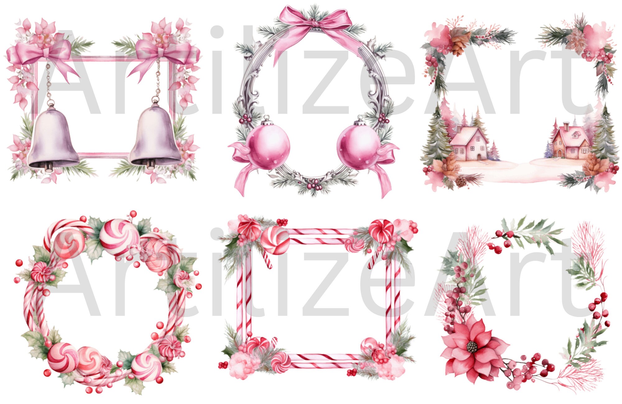 Watercolor Pink Christmas Frames Clipart Bundle - Christmas Pink PNG ...