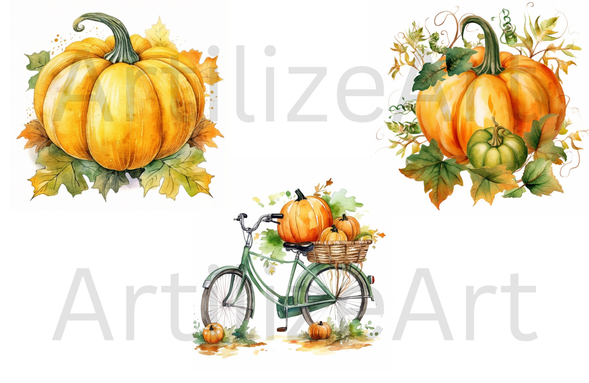 Watercolor Fall Pumpkins Clipart Autumn Watercolor PNG Format Instant ...