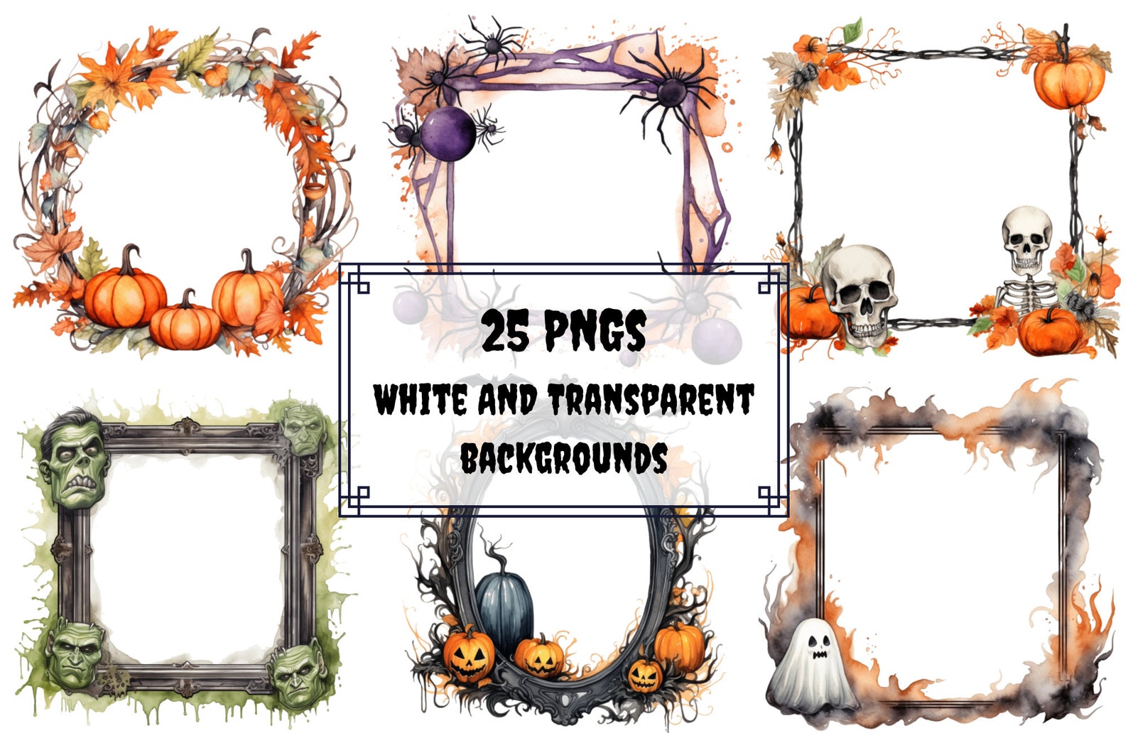 Watercolor Halloween Frames Clipart - Halloween Watercolor PNG Format ...