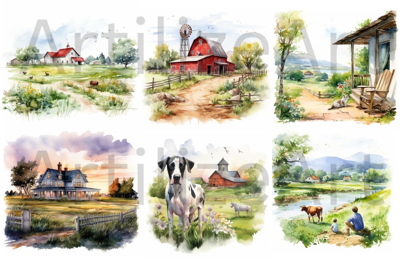 Watercolor Farm Landscapes Clipart - Farm Clipart Bundle - Instant ...