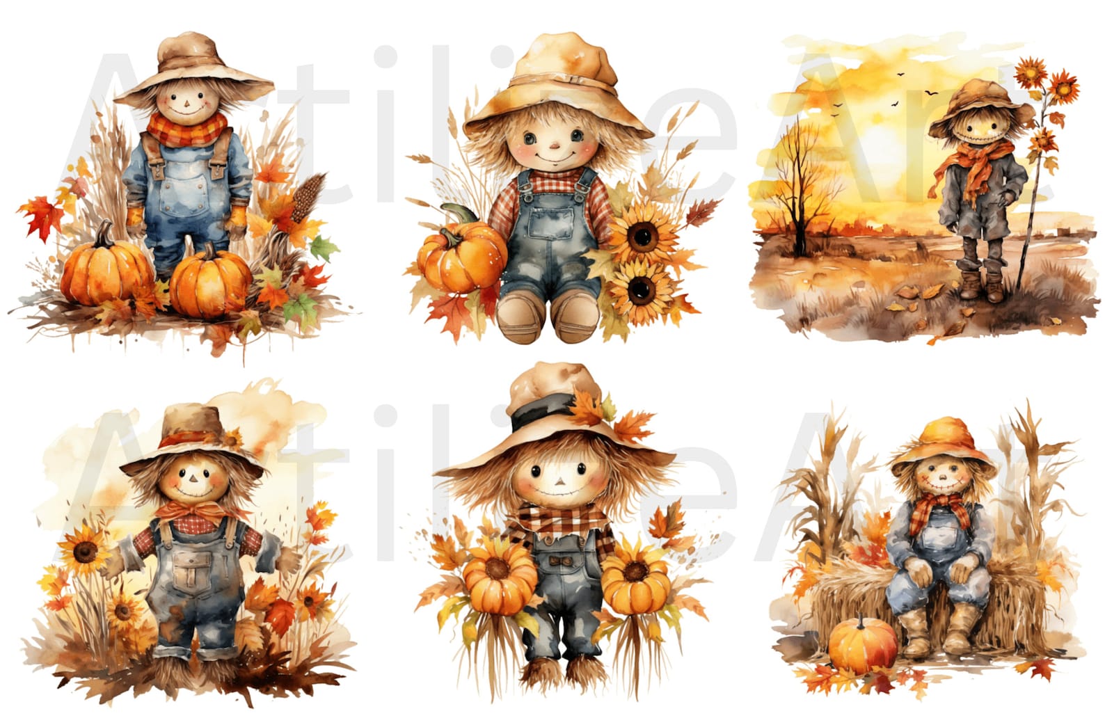 Watercolor Fall Scarecrow Clipart Bundle - Autumn Clipart - PNG Format ...