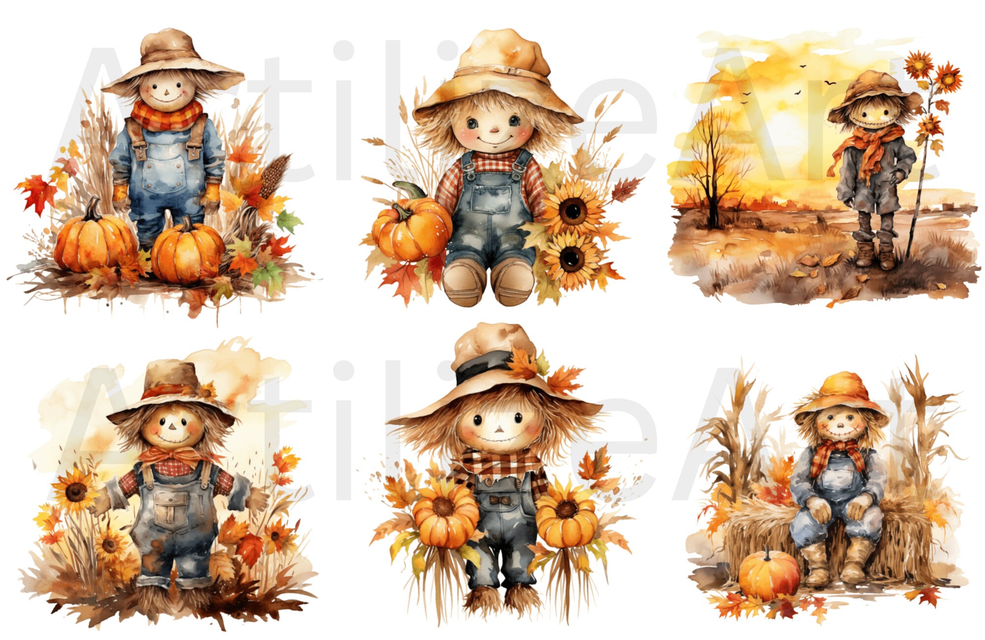 Watercolor Fall Scarecrow Clipart Bundle - Autumn Clipart - PNG Format ...