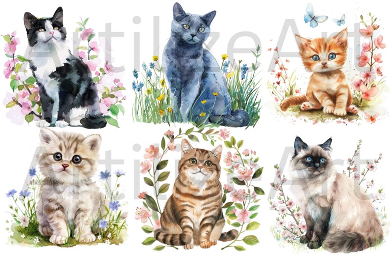 Watercolor Spring Cats Clipart Bundle - Cats Spring Png - Instant ...