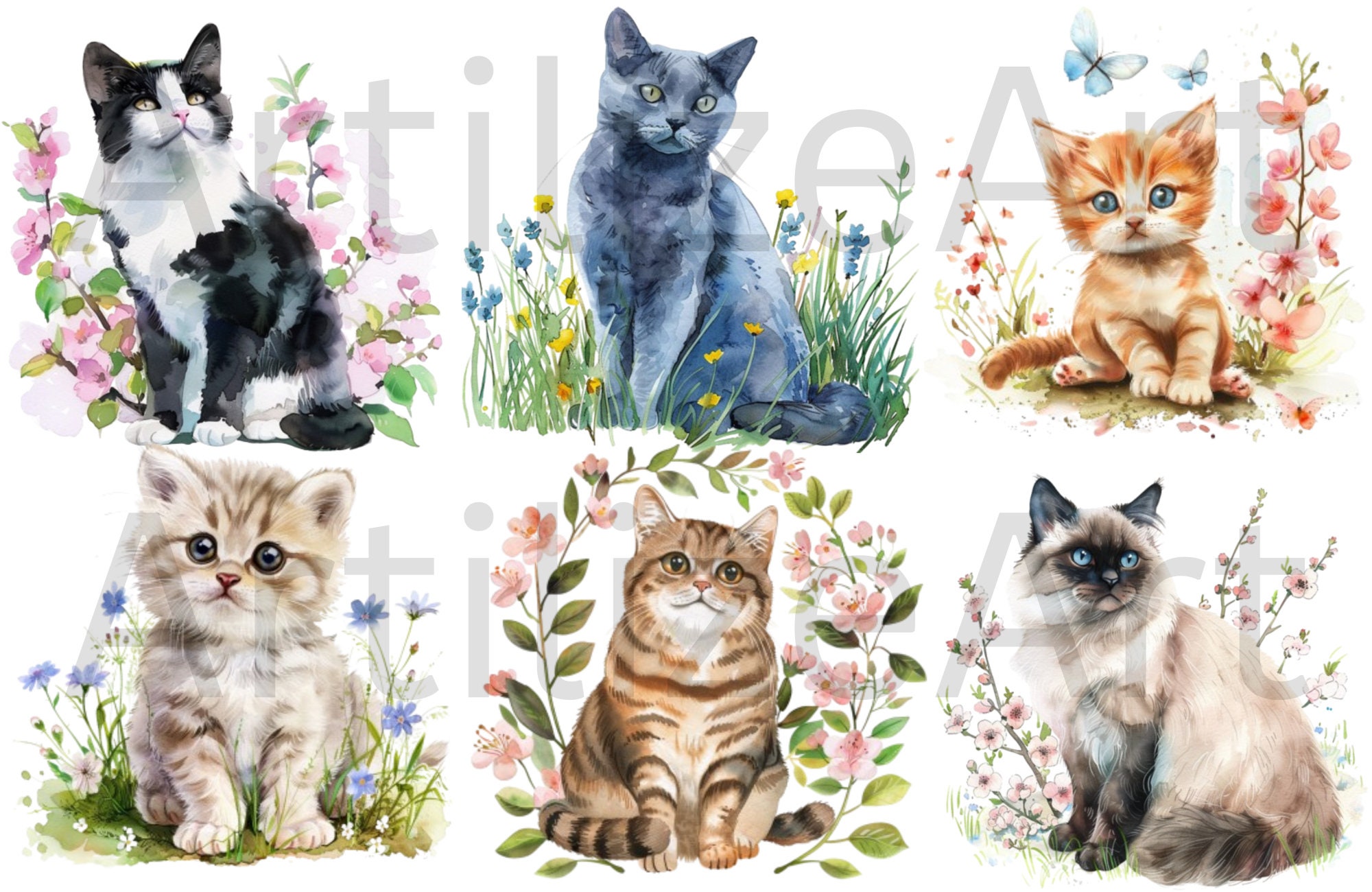 Watercolor Spring Cats Clipart Bundle - Cats Spring Png - Instant ...