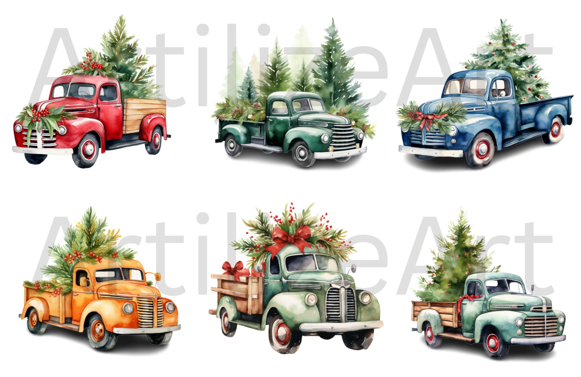 Christmas Vintage Trucks Clipart Bundle - Vintage Truck Christmas Png ...
