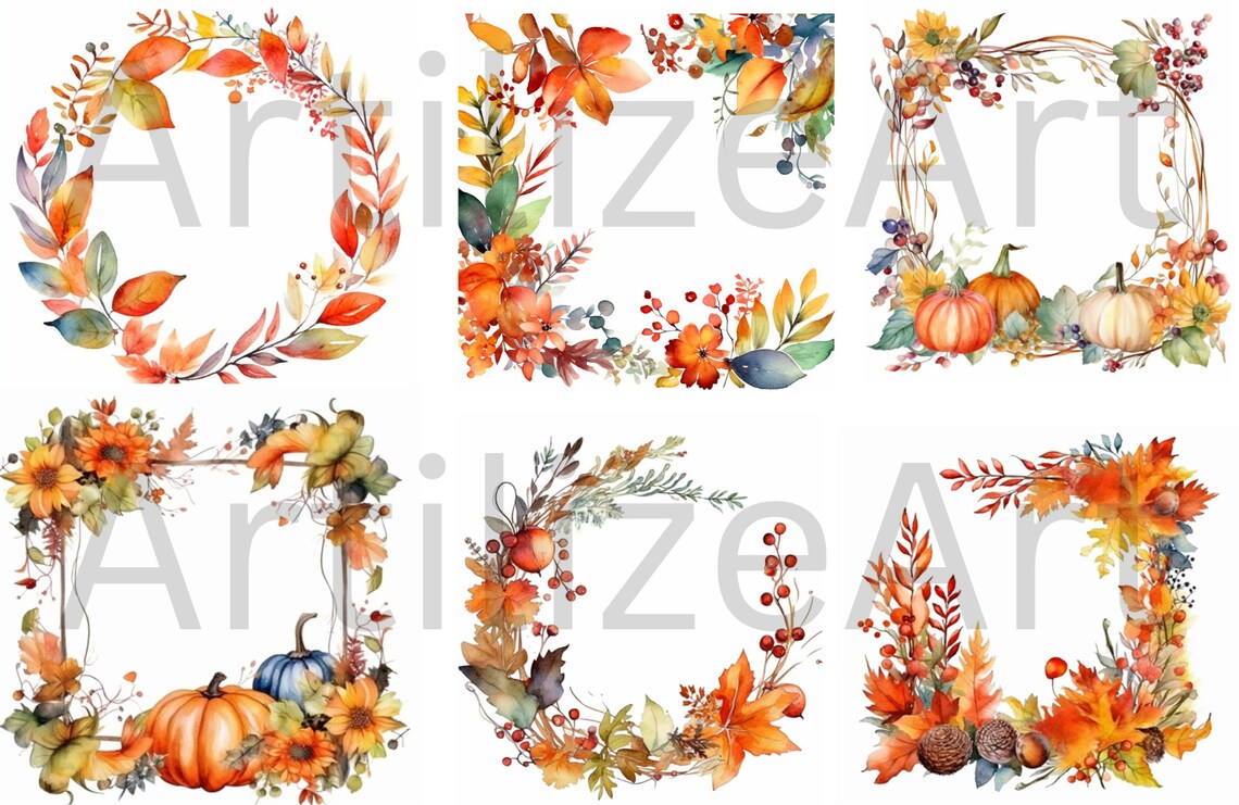Watercolor Fall Frames Clipart Autumn Png Instant Download - Etsy