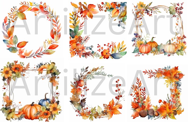 Watercolor Fall Frames Clipart Autumn Png Instant Download - Etsy