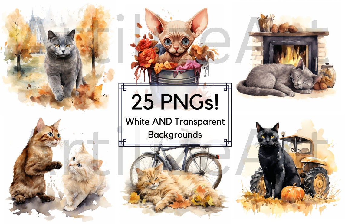 Watercolor Fall Cats Clipart Autumn Watercolor 25 Pngs PNG Format ...