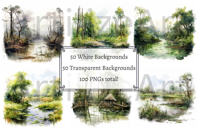 Watercolor Swamp Landscapes Clipart - 50 Images - Watercolor PNG Format ...