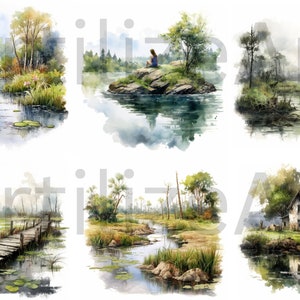 Watercolor Swamp Landscapes Clipart - 50 Images - Watercolor PNG Format ...