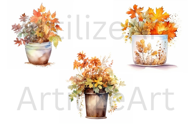 Watercolor Fall Flower Pots Clipart - Autumn Png - Instant Download ...