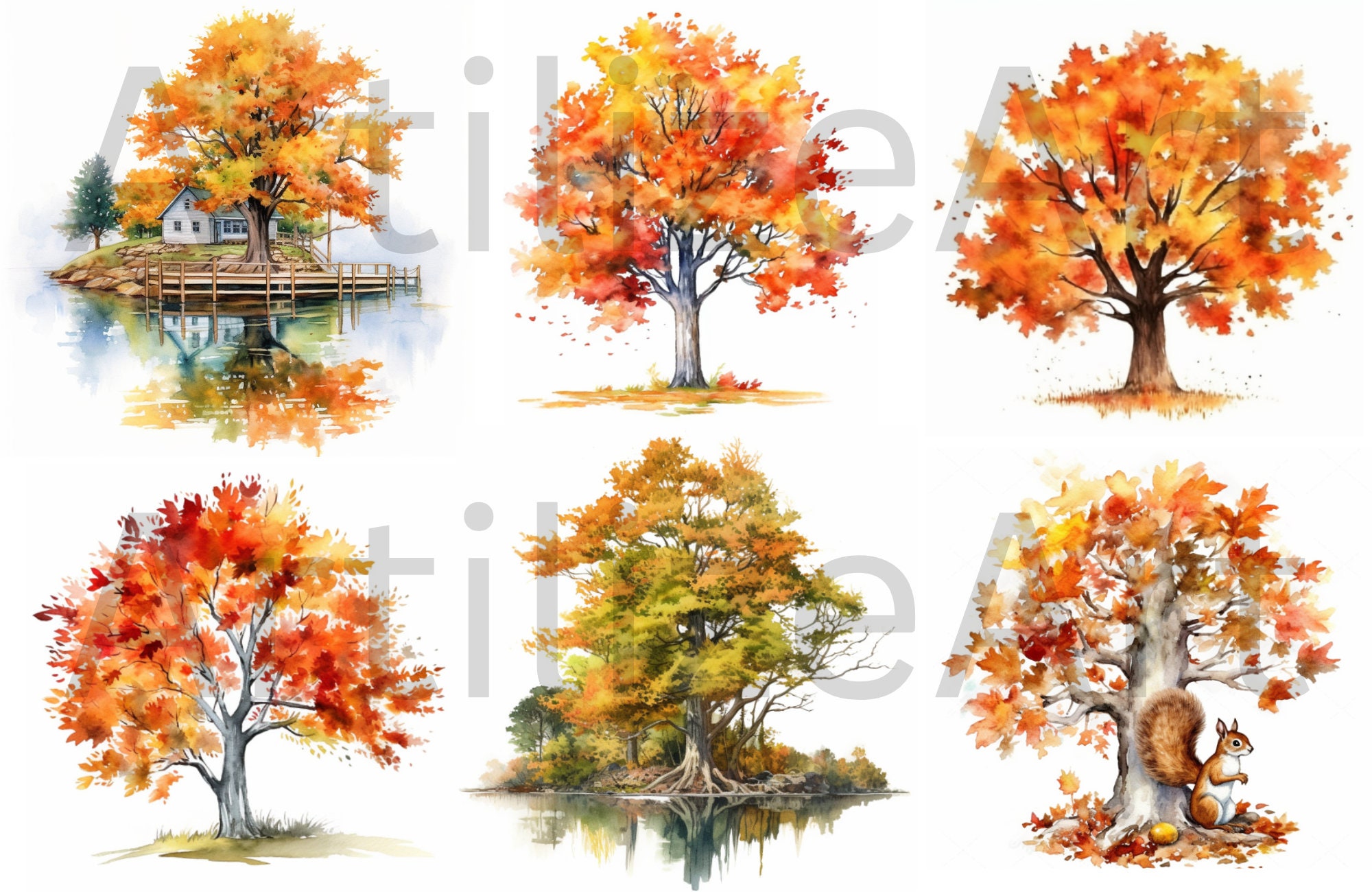 Watercolor Fall Maple Trees Clipart - Autumn Watercolor PNG Format ...