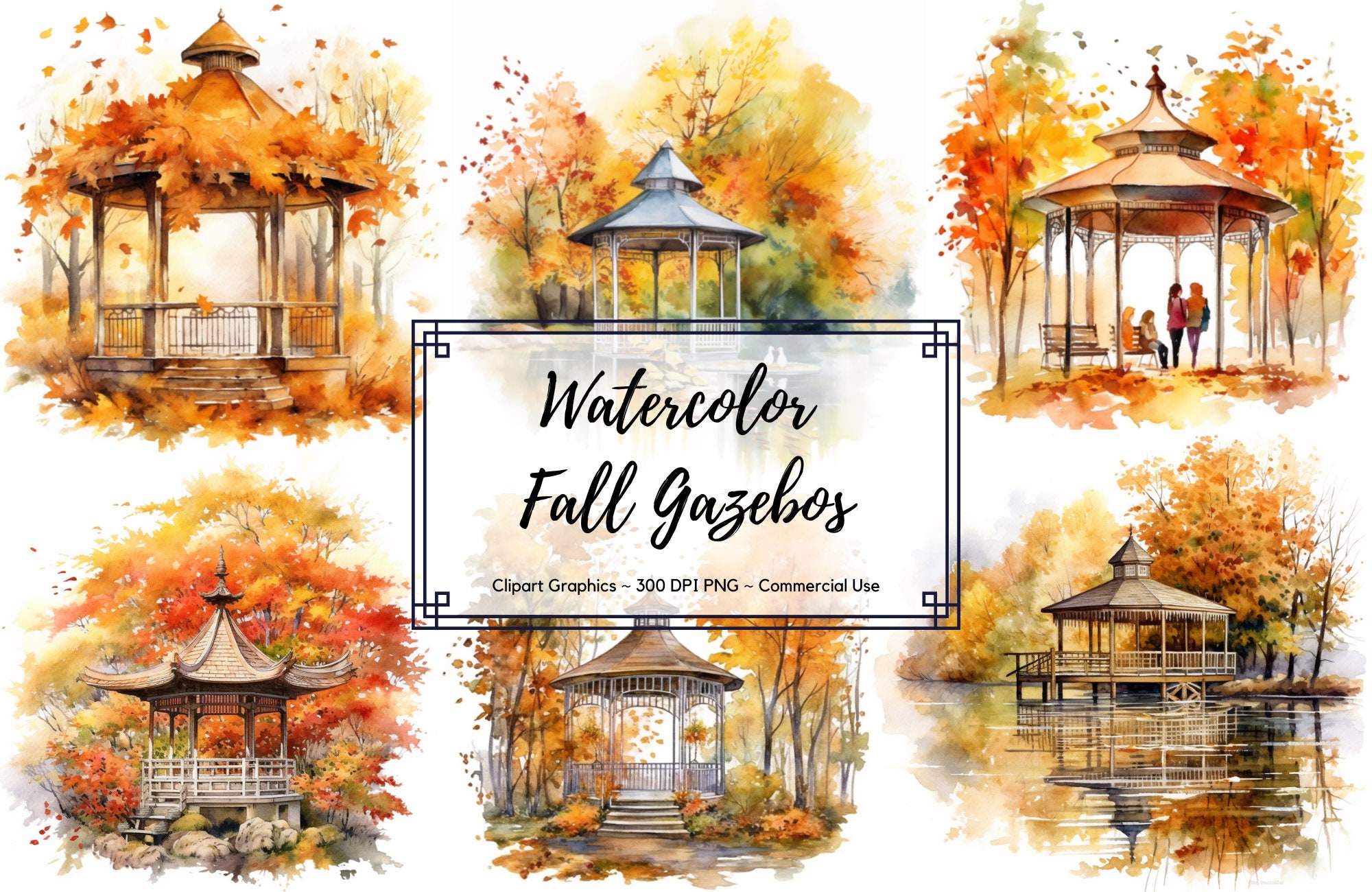 Watercolor Fall Gazebos Clipart - Autumn Png - Instant Download ...