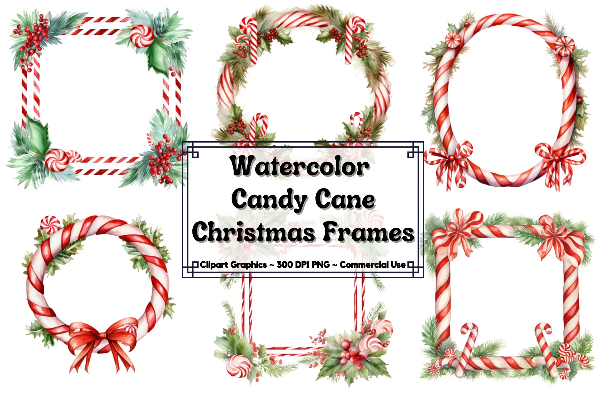 Watercolor Candy Cane Christmas Frames Clipart Bundle - Christmas Png ...