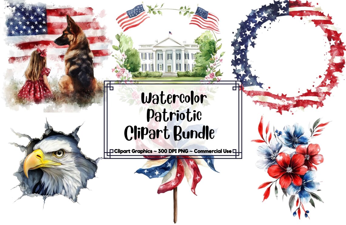 Watercolor Patriotic Clipart Bundle - America Watercolor PNG Format ...