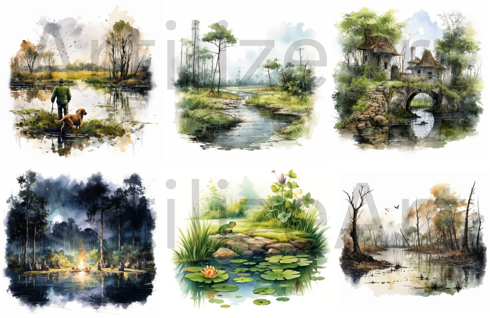 Watercolor Swamp Landscapes Clipart - 50 Images - Watercolor PNG Format ...