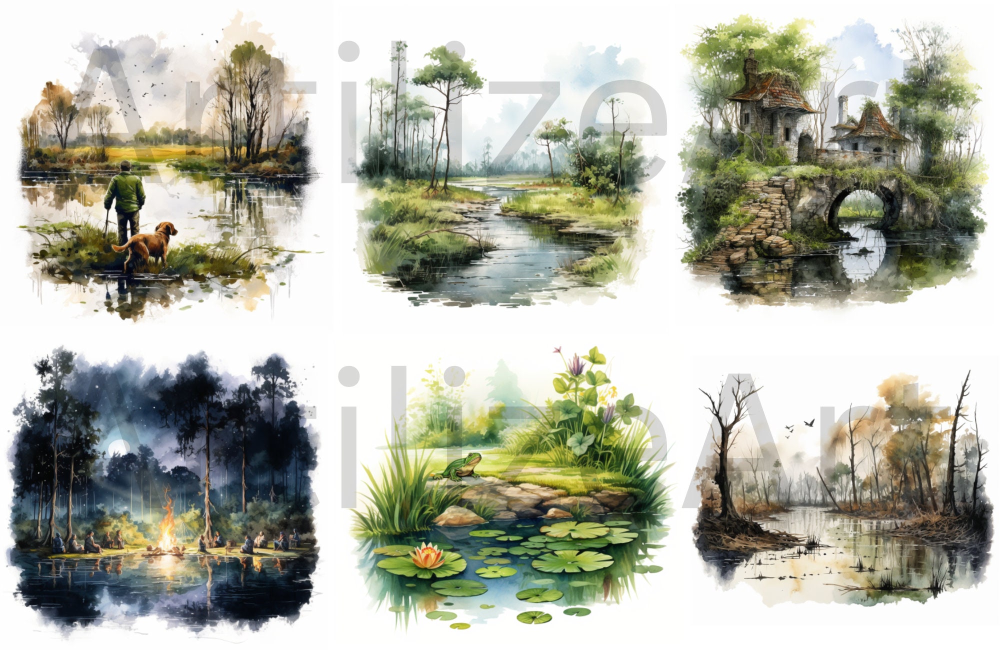 Watercolor Swamp Landscapes Clipart - 50 Images - Watercolor PNG Format ...