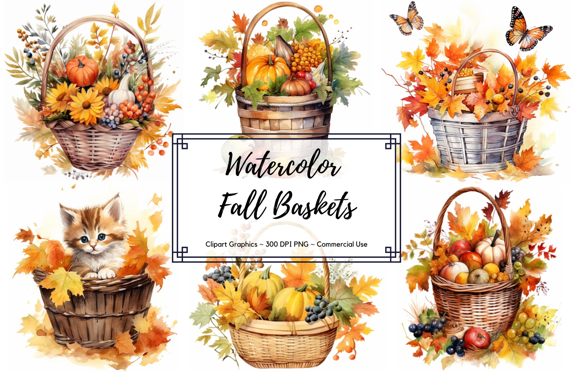 Watercolor Fall Baskets Clipart - Autumn Png - Instant Download ...